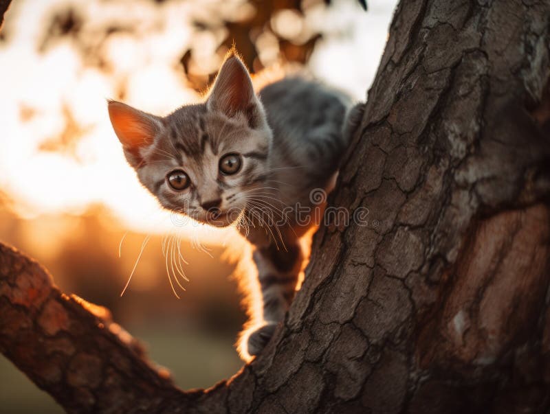 A Kitten Climbing Up the Side of a Tree. AI Generative Image. Stock ...