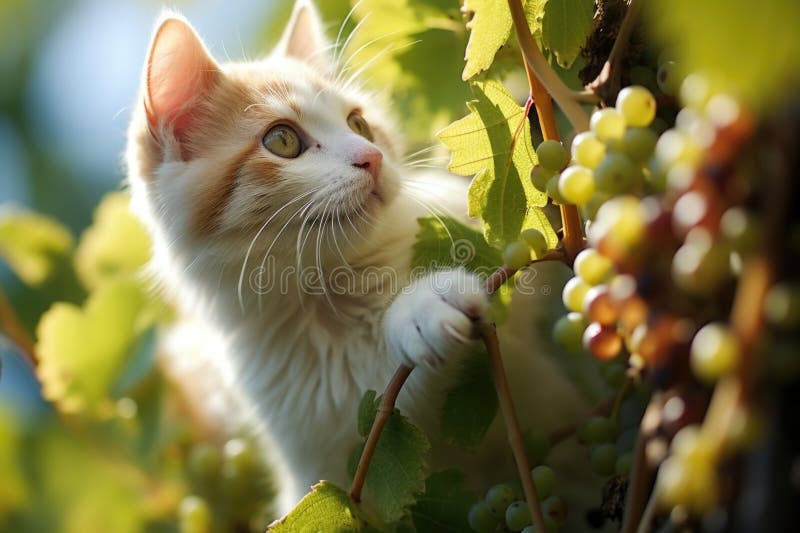 A Kitten is Climbing Up a Vine with Grapes, AI Stock Photo - Image of ...