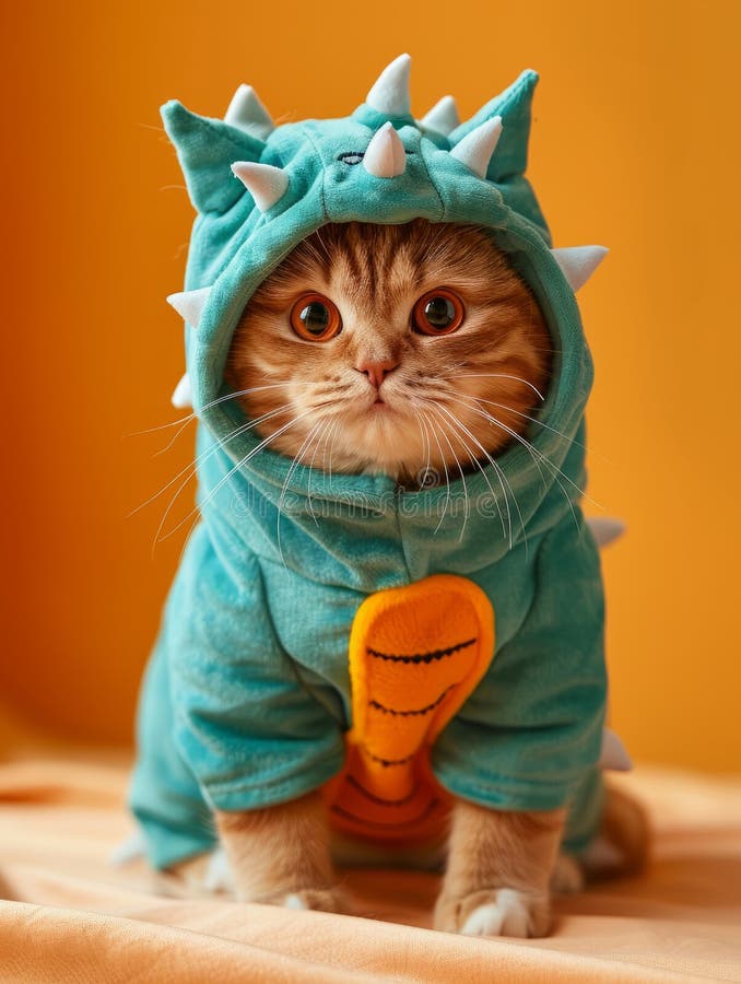 Kitten in a Dinosaur Costume Sitting on an Orange Background. Stock ...
