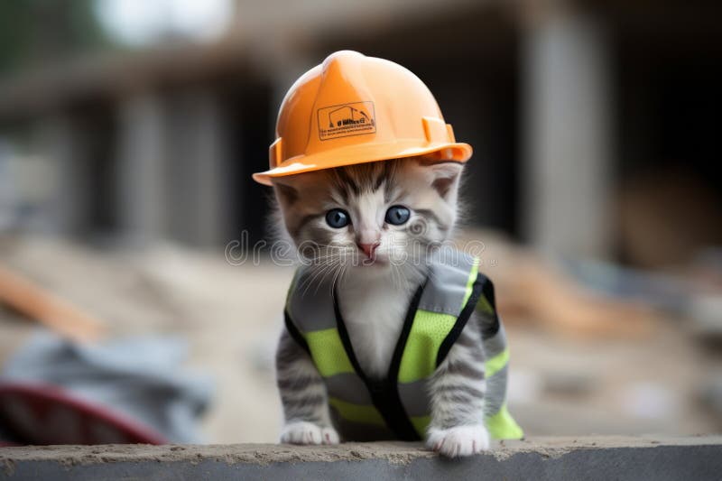 A Kitten Dressed As a Builder at a Construction Site with Safety Helmet ...