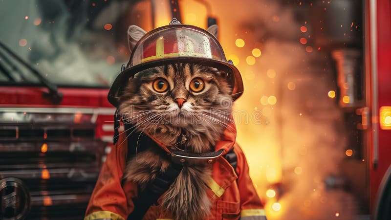 Kitten Dressed As a Firefighter with Helmet in Front of a Fire Truck ...