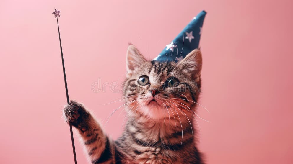 Kitten Dressed As a Wizard and Holding a Magic Star Wand. Stock Photo ...