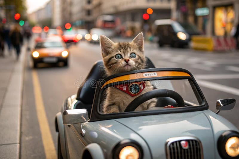 A Kitten Driving a Tiny Car on a Busy Street, Hyper Realistic ...