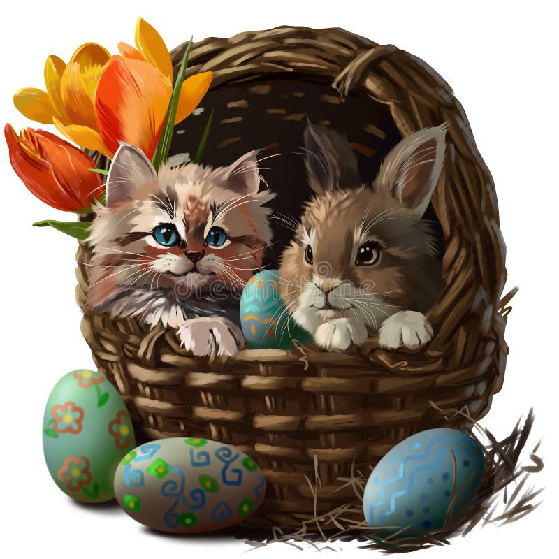Kitten and Easter Bunny in a Basket Stock Illustration - Illustration ...
