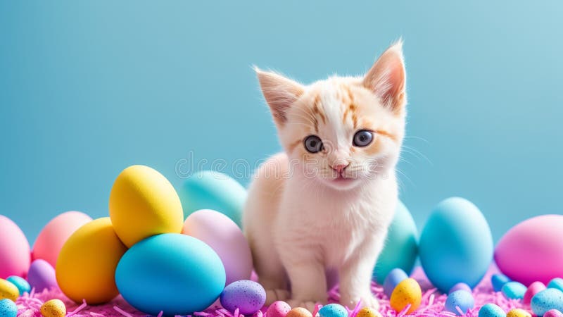 Kitten with Easter Eggs. Cute Kitten Sitting with Colorful Eggs AI ...