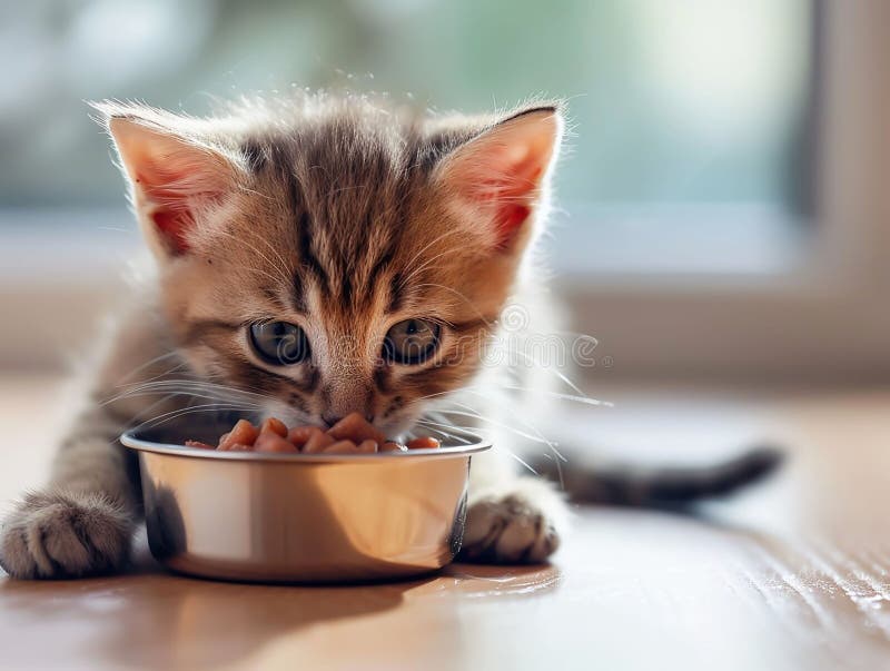 Kitten Eats Kibble from His Plate Stock Illustration - Illustration of ...