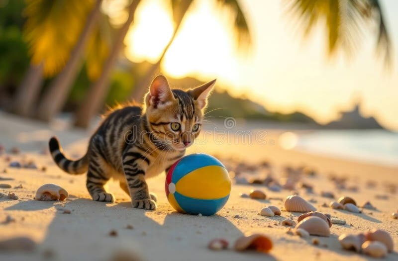 Kitten Explores Sandy Beach, Playing with a Vibrant Ball As the Sun ...