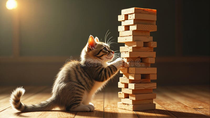 Kitten Focused on Delicately Balancing a Tower of Wooden Jenga Blocks ...