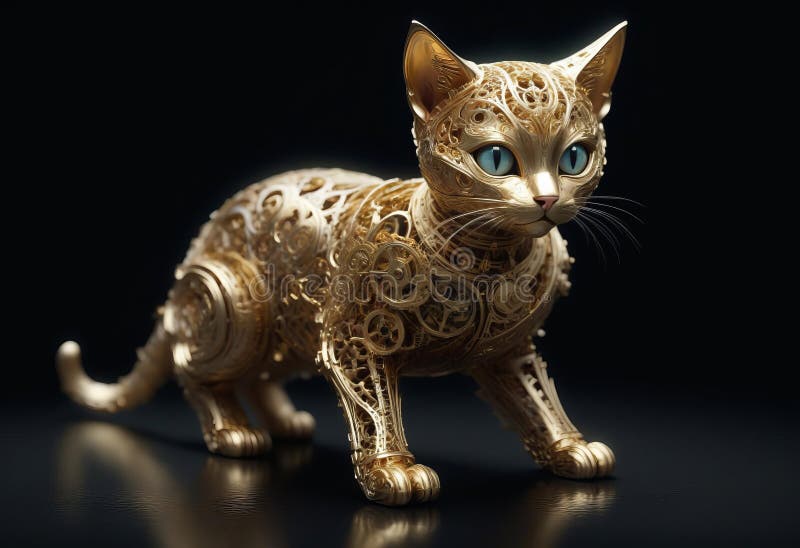 Kitten, Gold Clockwork Cat in Golden Filigree Over Abstract Dark ...