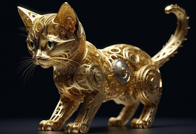 Kitten, Gold Clockwork Cat in Golden Filigree Over Abstract Dark ...