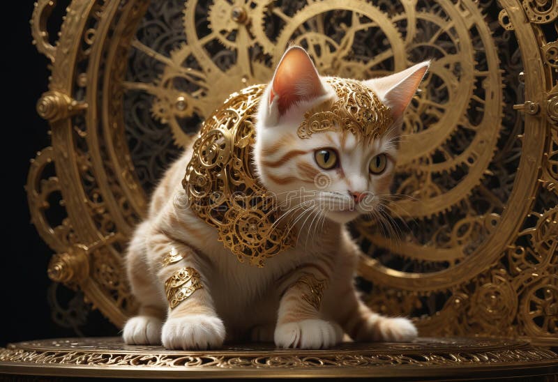 Kitten, Gold Clockwork Cat in Golden Filigree Over Abstract Dark ...