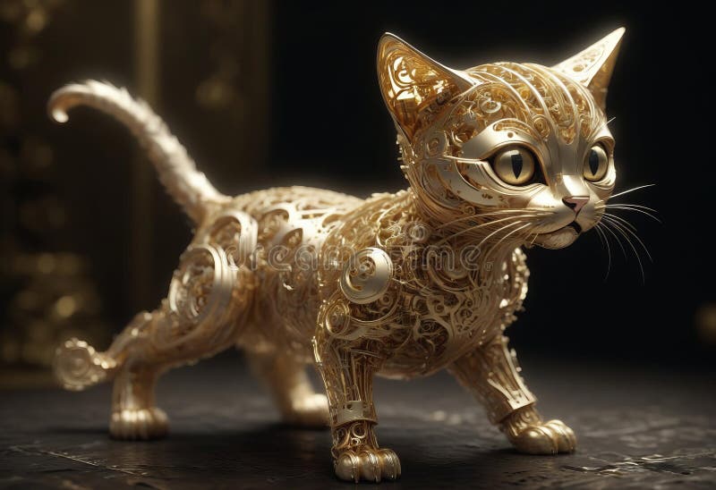 Kitten, Gold Clockwork Cat in Golden Filigree Over Abstract Dark ...