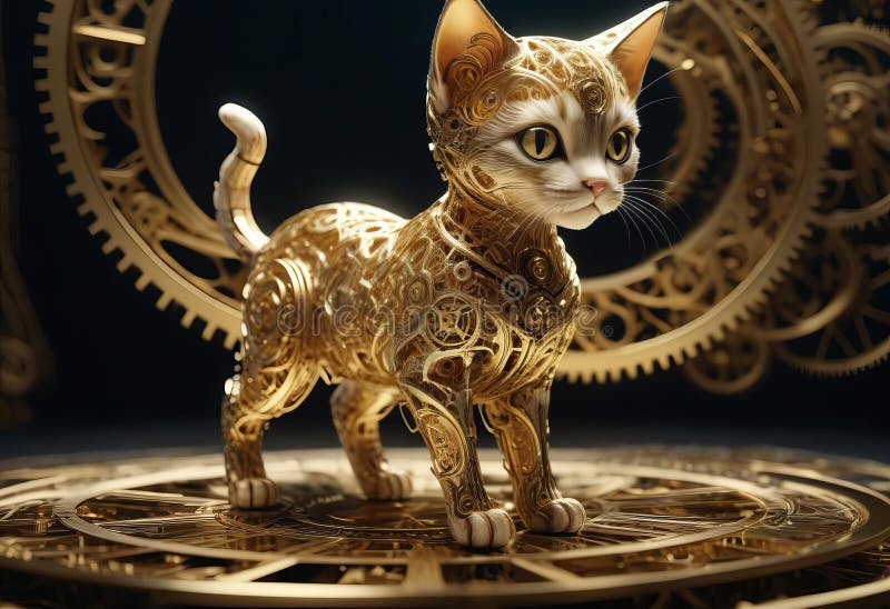 Kitten, Gold Clockwork Cat in Golden Filigree Over Abstract Dark ...