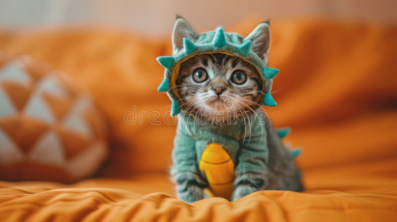 Kitten in a Green Dinosaur Costume on an Orange Bed. Stock Image ...
