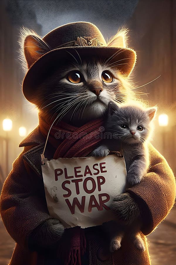 Kitten in the Hands of a Cat Holding a Placard with the Inscription ...