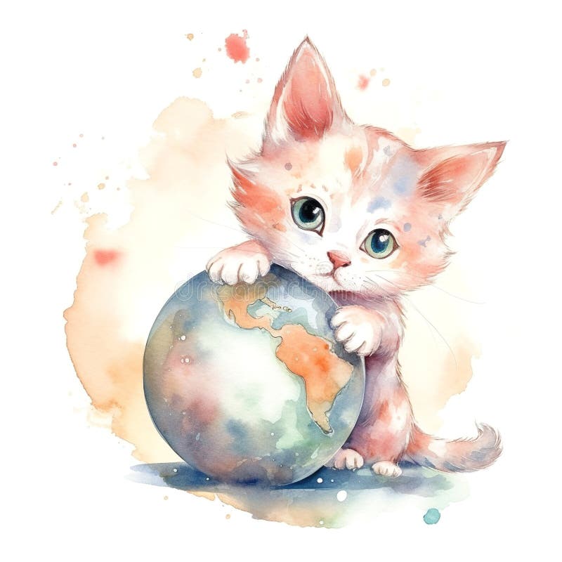 Kitten Holding Earth Planet, Caring for the Environment Stock ...