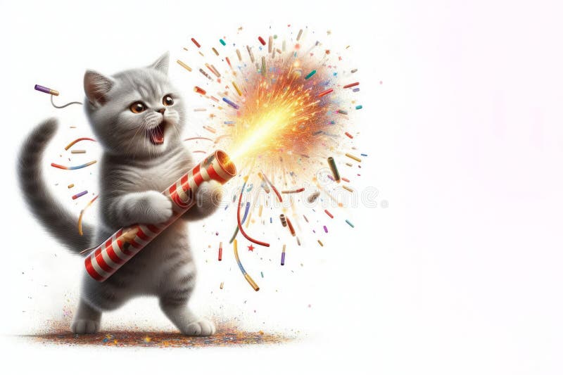 A Kitten Holds a Firecracker with Sparks. Space for Text. Stock Photo ...