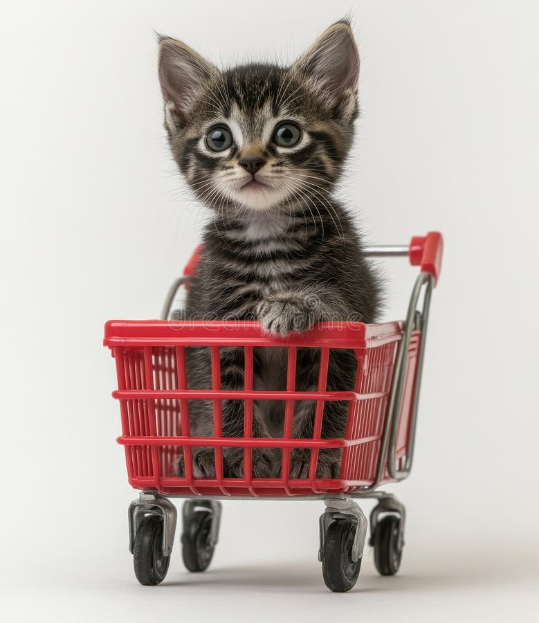 Kitten Isolated on White with a Shopping Cart. Stock Image - Image of ...