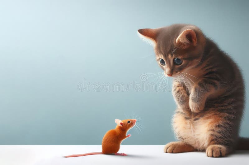 A Kitten Looking Frightened at a Mouse. Space for Text. Stock Photo ...