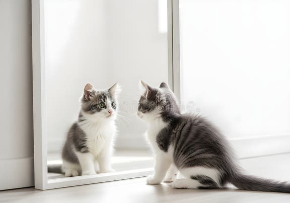 Kitten Looking at Its Reflection in a Mirror Stock Illustration ...