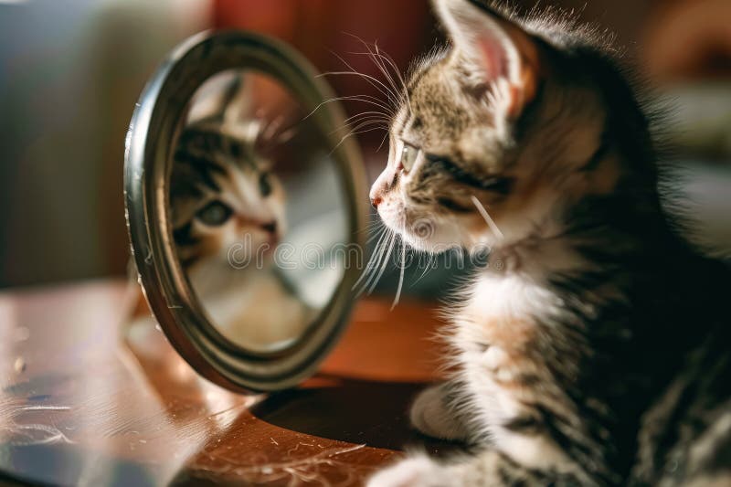Kitten is Looking at Its Reflection in a Mirror. Stock Image - Image of ...