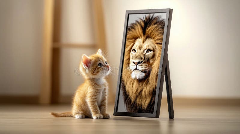 Kitten Looking into a Mirror and Seeing a Lion Reflection. Generative ...