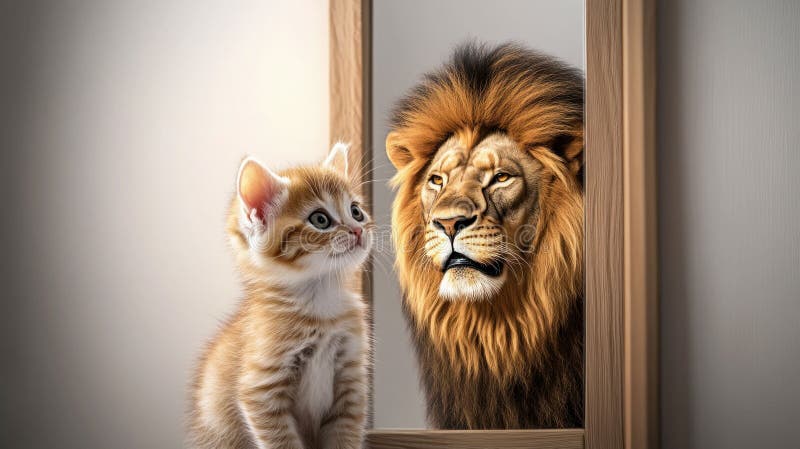 Kitten Looking into a Mirror and Seeing a Lion Reflection. Generative ...