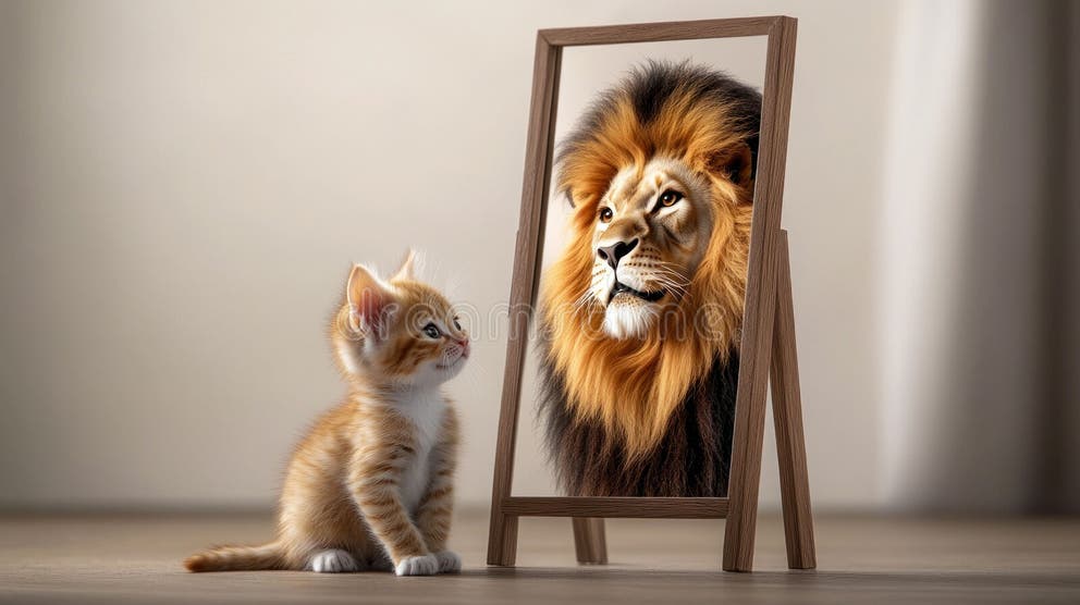 Kitten Looking into a Mirror and Seeing a Lion Reflection. Generative ...