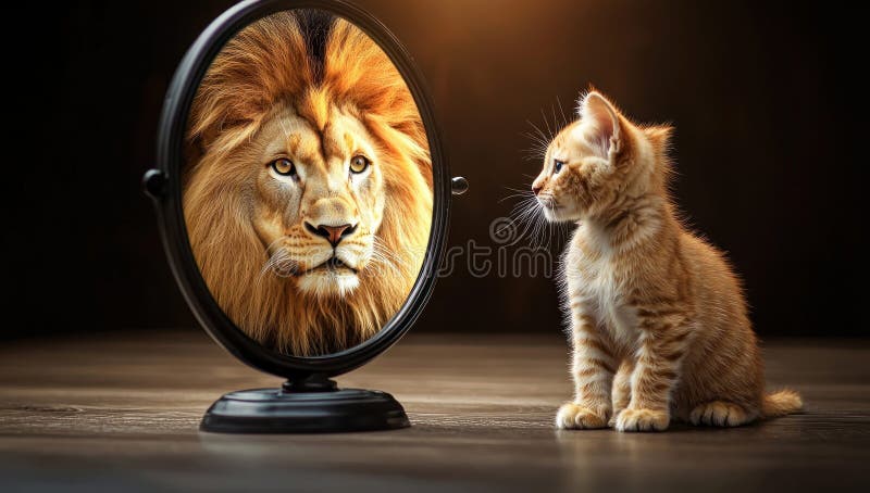 Kitten Looking into Mirror and Seeing a Lion Reflection Stock Photo ...