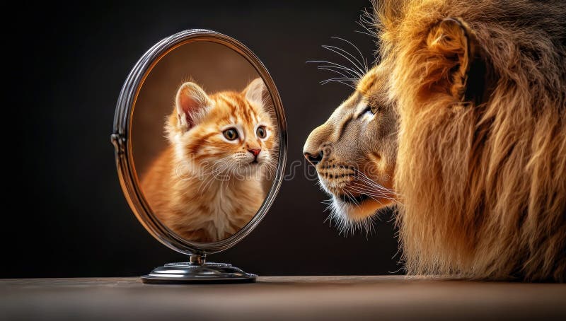 Kitten Looking in Mirror and Seeing a Lion Reflection Stock Photo ...