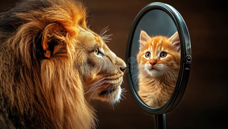 Kitten Looking in Mirror and Seeing a Lion Reflection Stock Photo ...