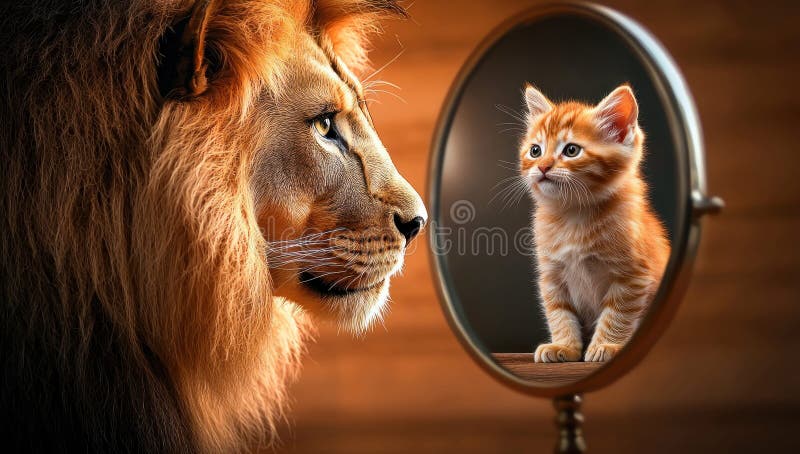 Kitten Looking Mirror Seeing Lion Reflection Stock Photos - Free ...