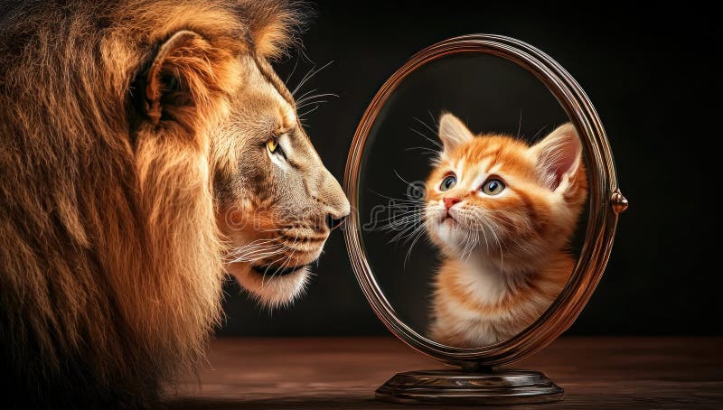 Kitten Looking in Mirror and Seeing a Lion Reflection Stock Photo ...