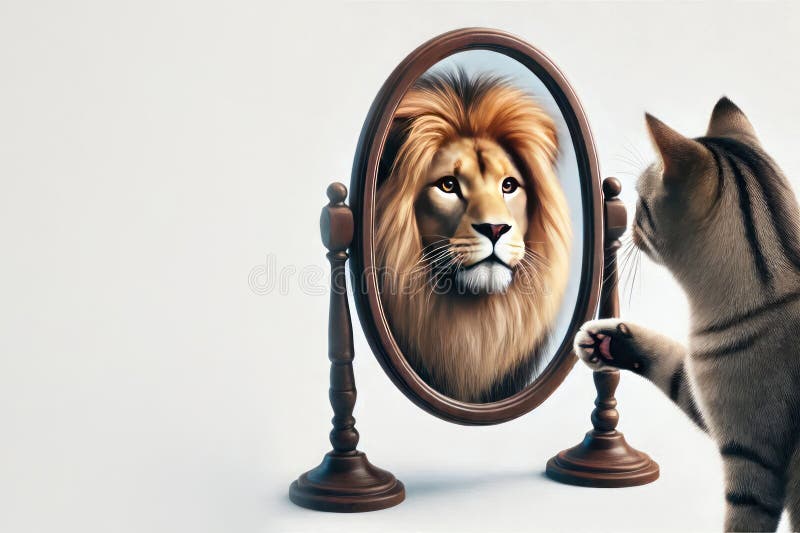 The Kitten Looks in the Mirror, Seeing a Lion in the Reflection. Space ...