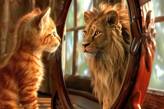 A Kitten Looks at a Mirror, Seeing a Male Lion Reflected Inside ...