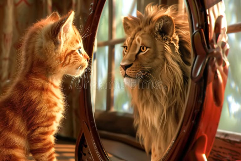 A Kitten Looks at a Mirror, Seeing a Male Lion Reflected Inside ...