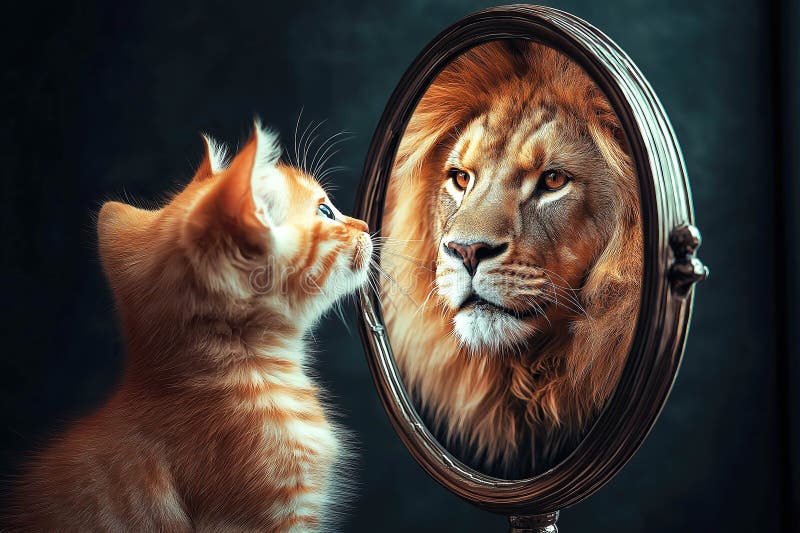 A Kitten Looks at a Mirror, Seeing a Male Lion Reflected Inside. Generative Ai Stock ...