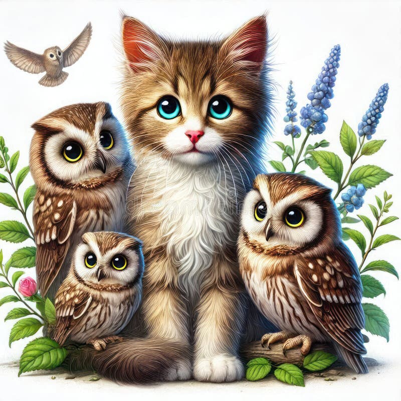 Kitten with Owls and Flowers Around Him. Stock Image - Image of harmony ...