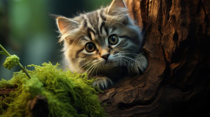A Kitten is Peeking Out from Behind a Tree, AI Stock Image - Image of ...