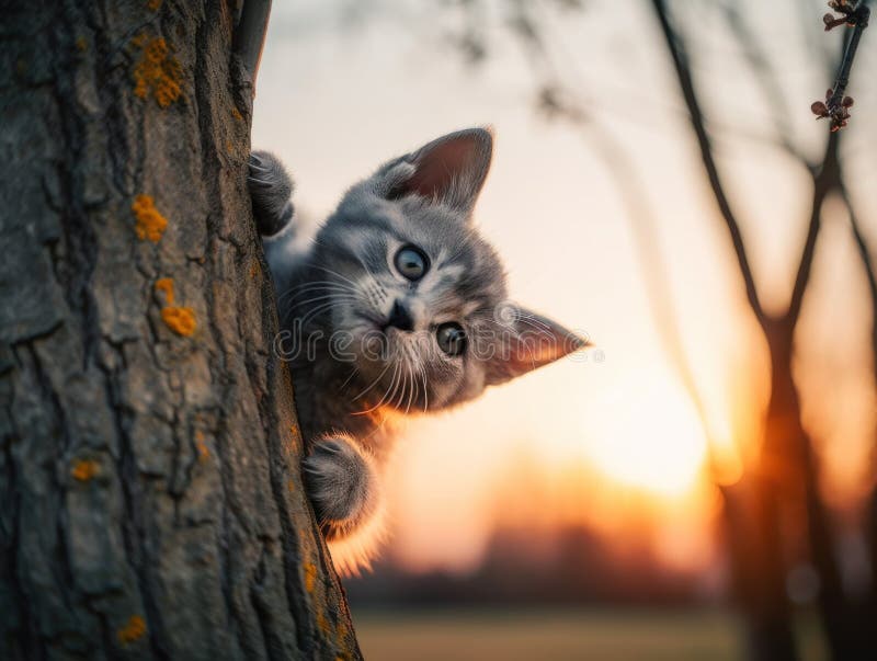 A Kitten is Peeking Out from Behind a Tree. AI Generative Image. Stock ...