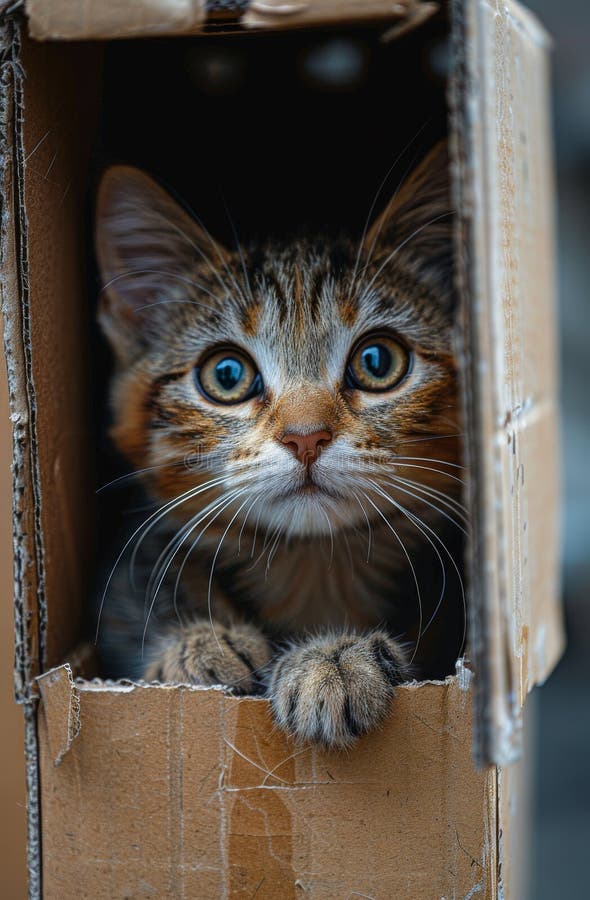 A Kitten is Peeking Out of a Cardboard Box. the Kitten Has a Curious ...