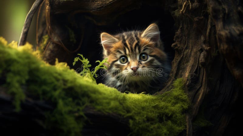 A Kitten Peeks Out from Behind a Tree Trunk, AI Stock Image - Image of ...