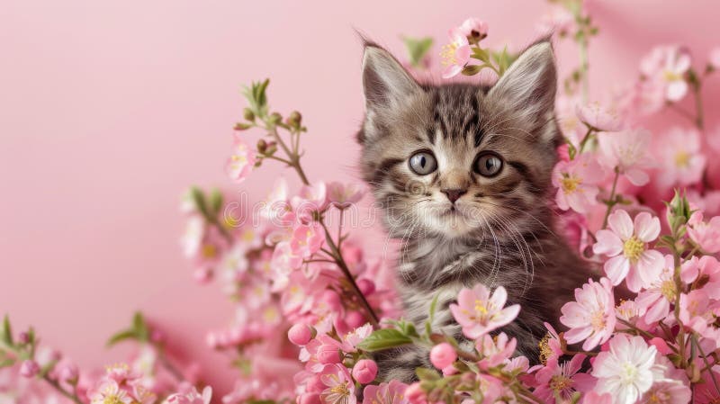 Kitten with Pink Flowers, Studio Shot. Cute Pet and Spring Concept ...