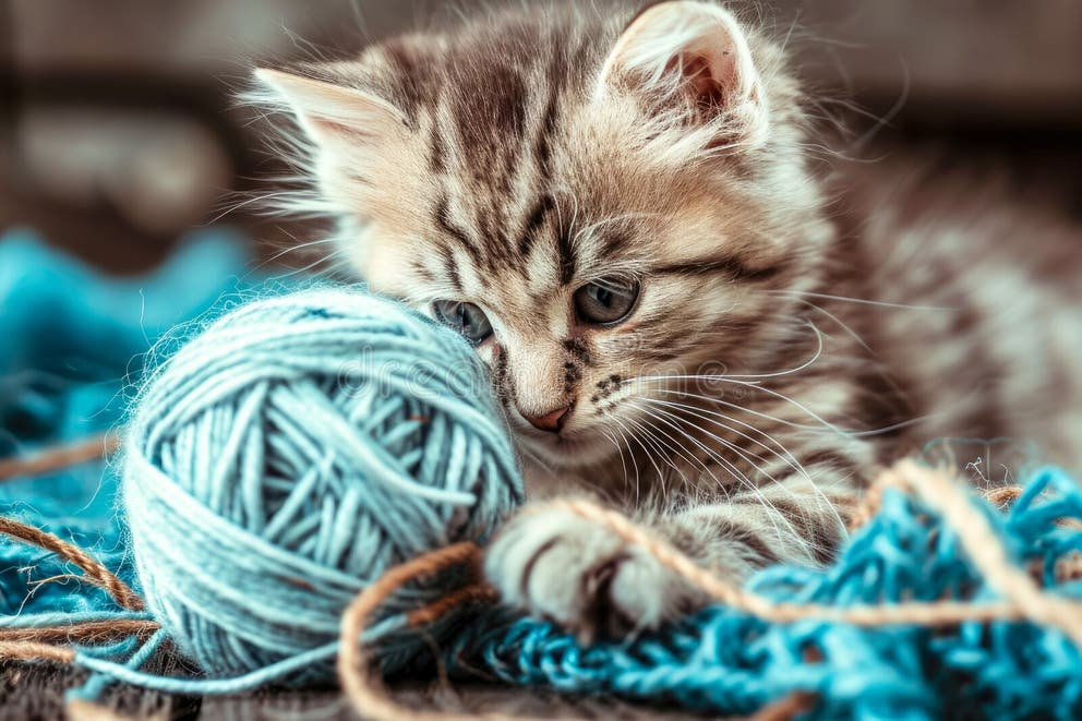 A Kitten Playing with a Ball of Yarn and Getting Tangled Up in it Stock ...