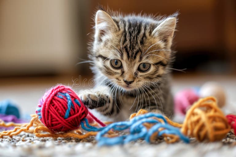A Kitten Playing with a Ball of Yarn and Getting Tangled Up in it Stock ...