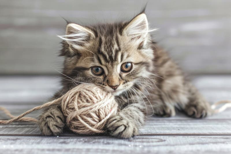 A Kitten Playing with a Ball of Yarn and Getting Tangled Up in it Stock ...