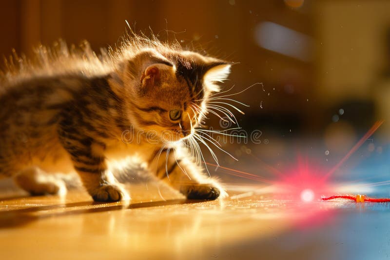 A Kitten is Playing with a Red Light Stock Photo - Image of haired ...