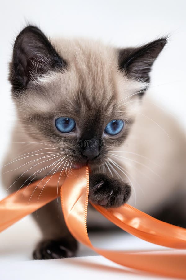 A Kitten is Playing with a Ribbon, Its Blue Eyes are Open Stock Photo ...
