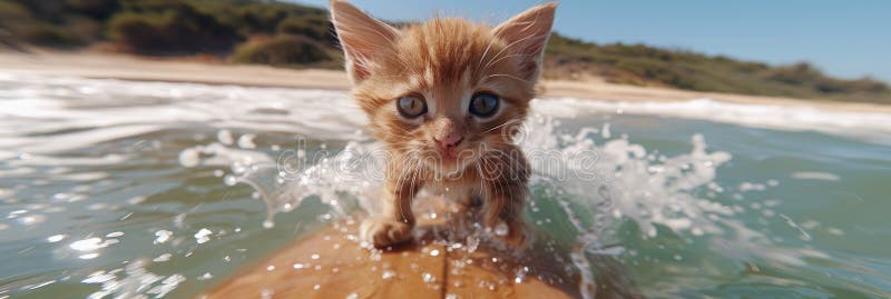 Kitten Playing in the Surf on a Sunny Beach while Exploring the Ocean ...