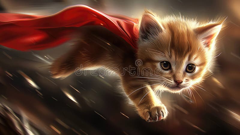 Kitten with a Red Cape in Dynamic Flying Pose. Stock Photo - Image of ...